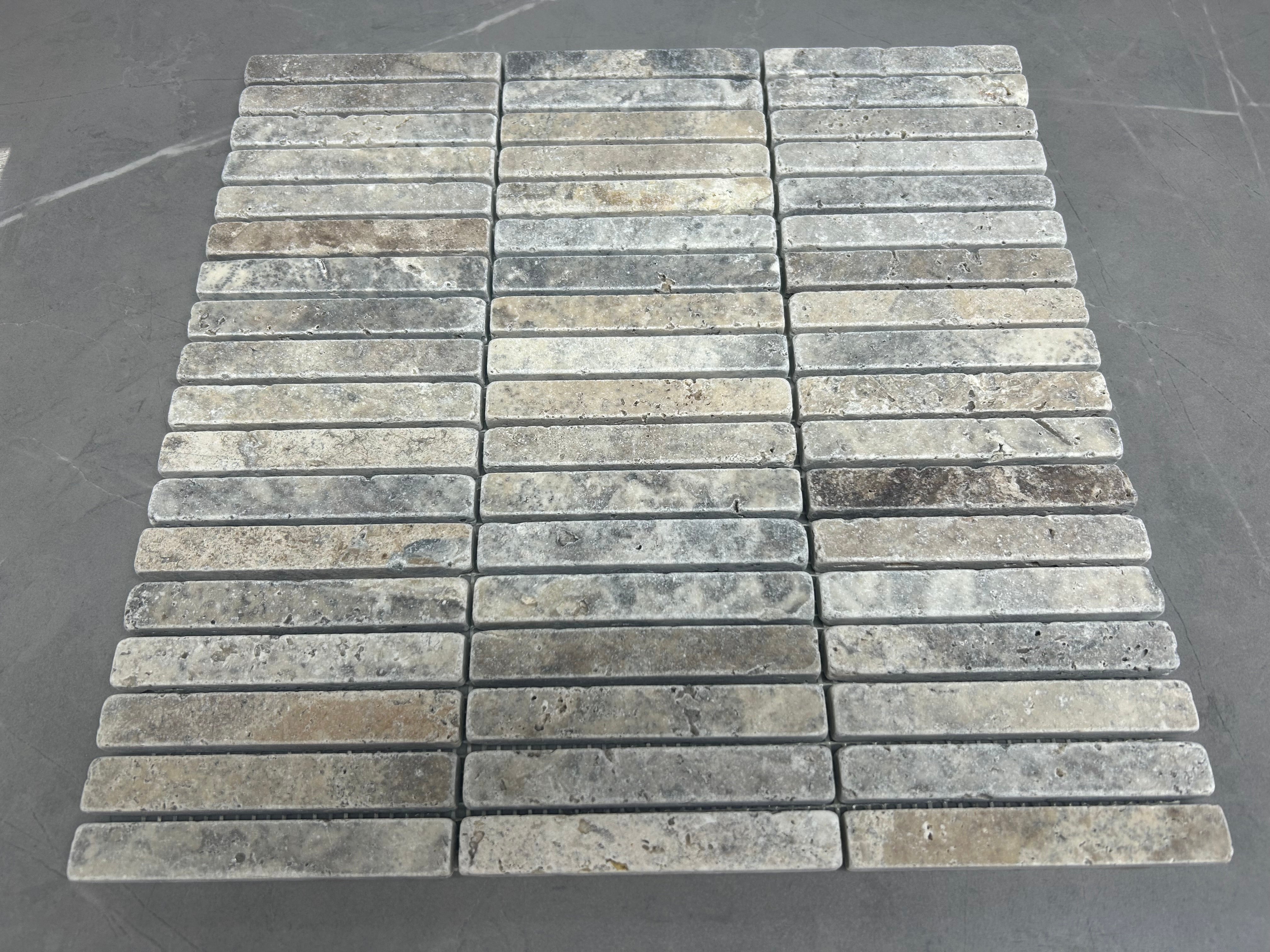 SILVER TRAVERTINE SMALL KITKAT TUMBLED MOSAIC – Graystone Tile & Design ...