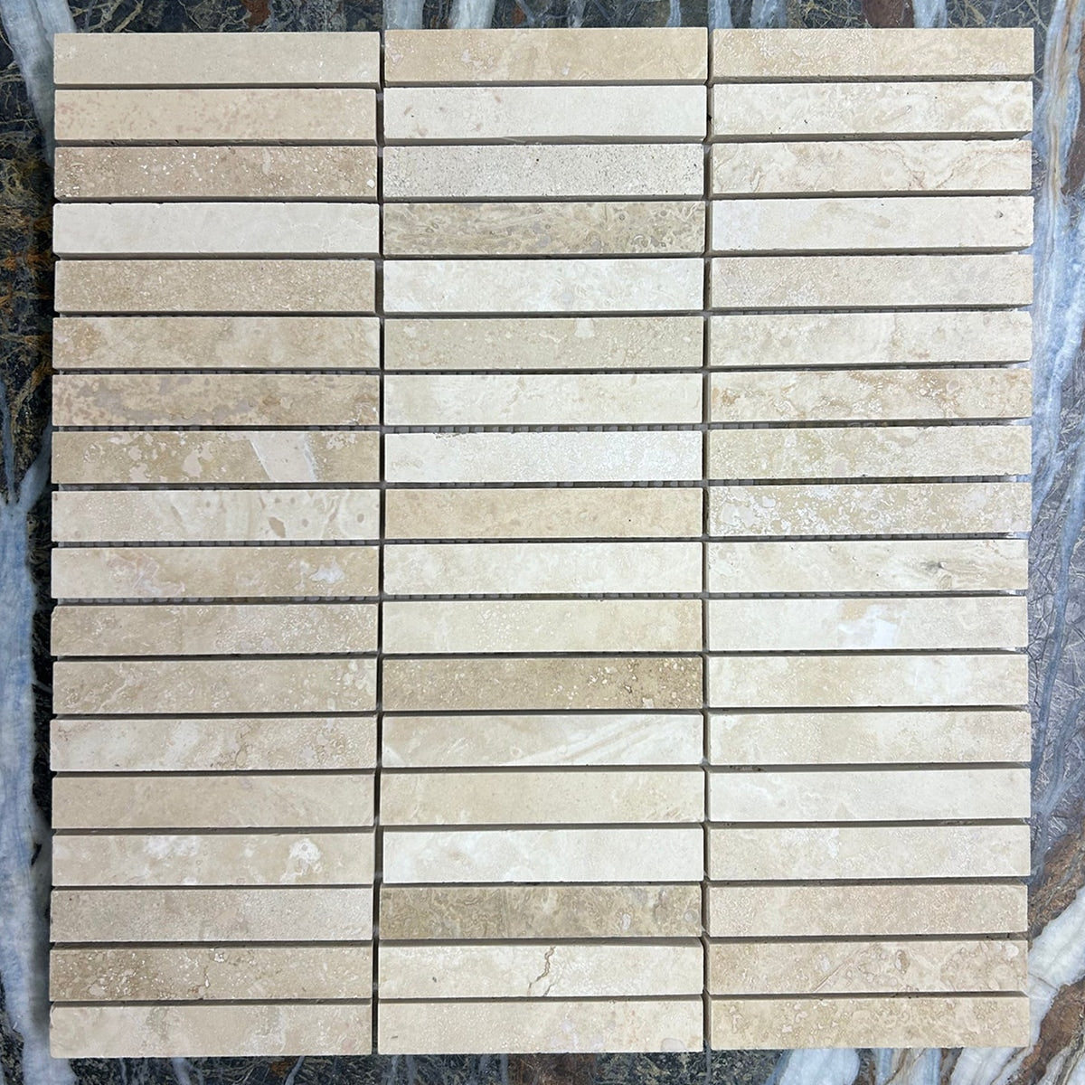 Cream Honed Small Kitkat Travertine Mosaic — Graystone Tiles & Design ...