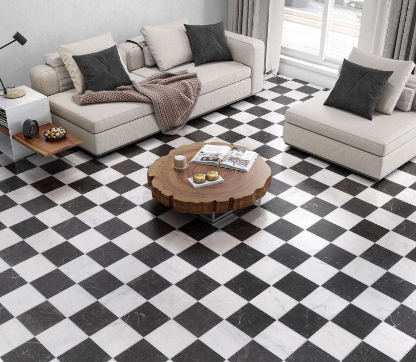 NERO MARQUINA AND MILOS MARBLE TUMBLED CHECKERBOARD – Graystone Tile ...