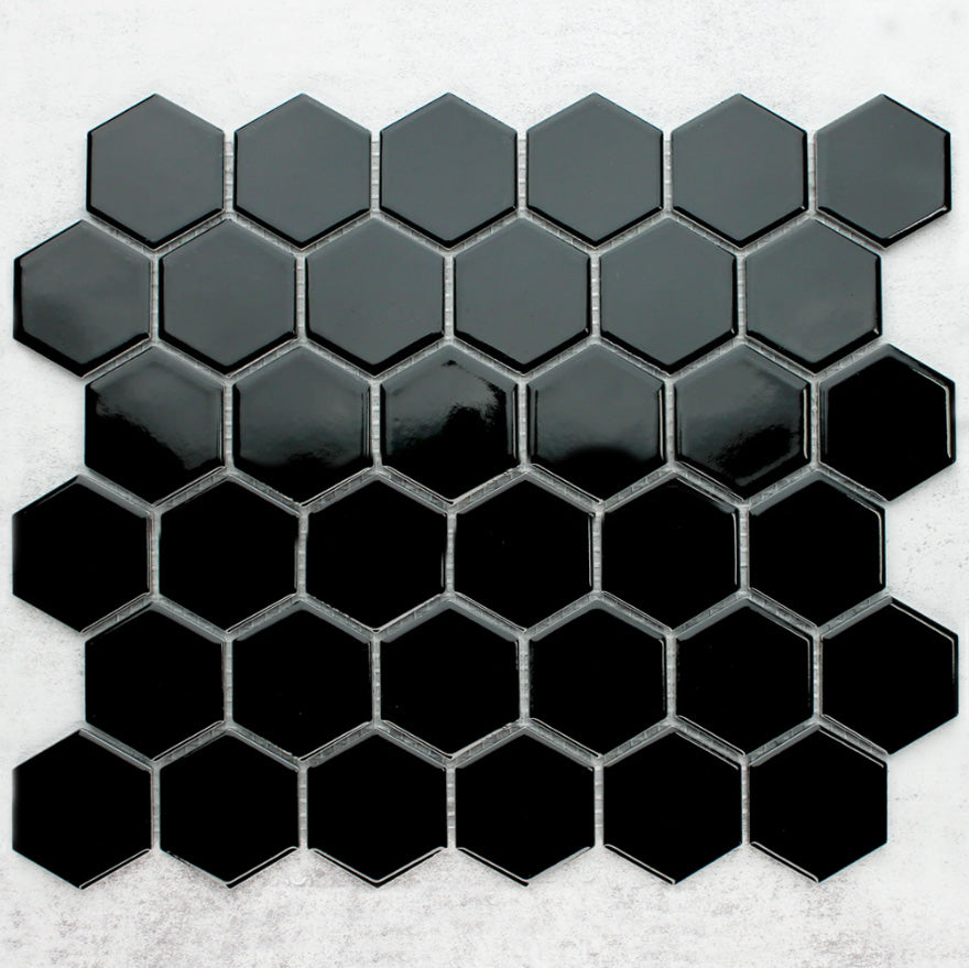 BLACK GLOSS 59MM HEXAGON PORCELAIN MOSAIC – Graystone Tile & Design Studio